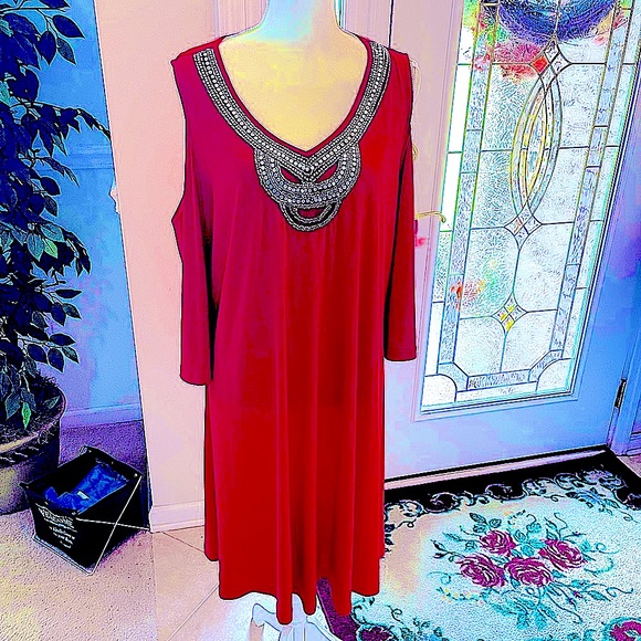 Spense | Dresses | Elegant Red Flare Bottom Dress With Silver Studs Euc ...